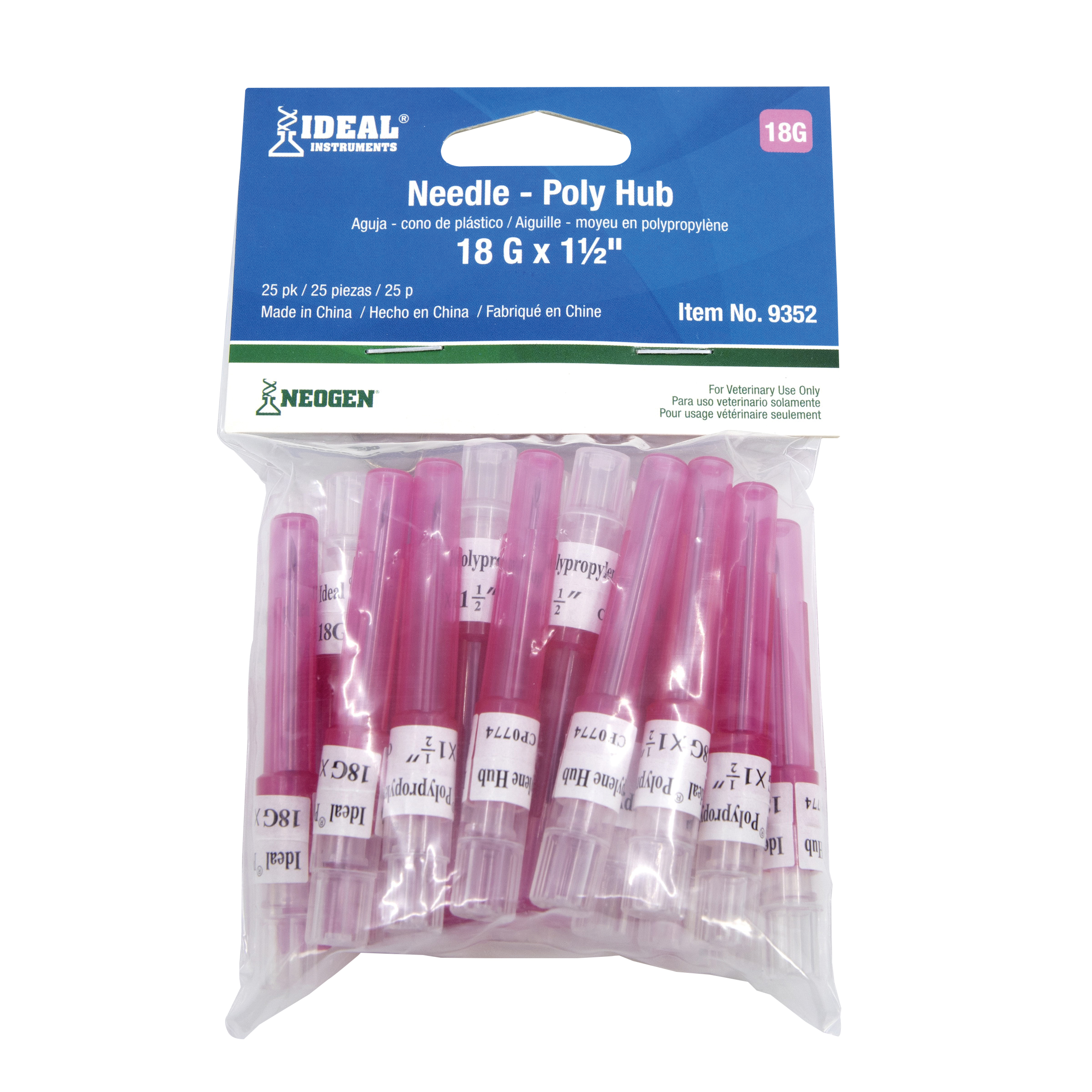 Neogen 9352 Hub Needle, Polypropylene, 18 ga, 1-1/2 in L, 25/PK